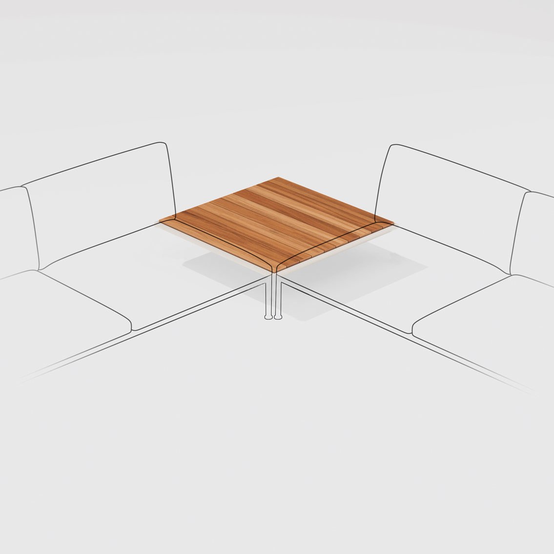 Low square corner table (right or left) with top in teak and one leg