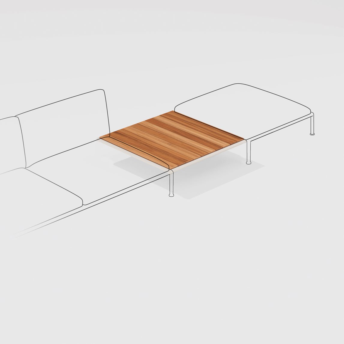 Low square central table with top in teak and without legs